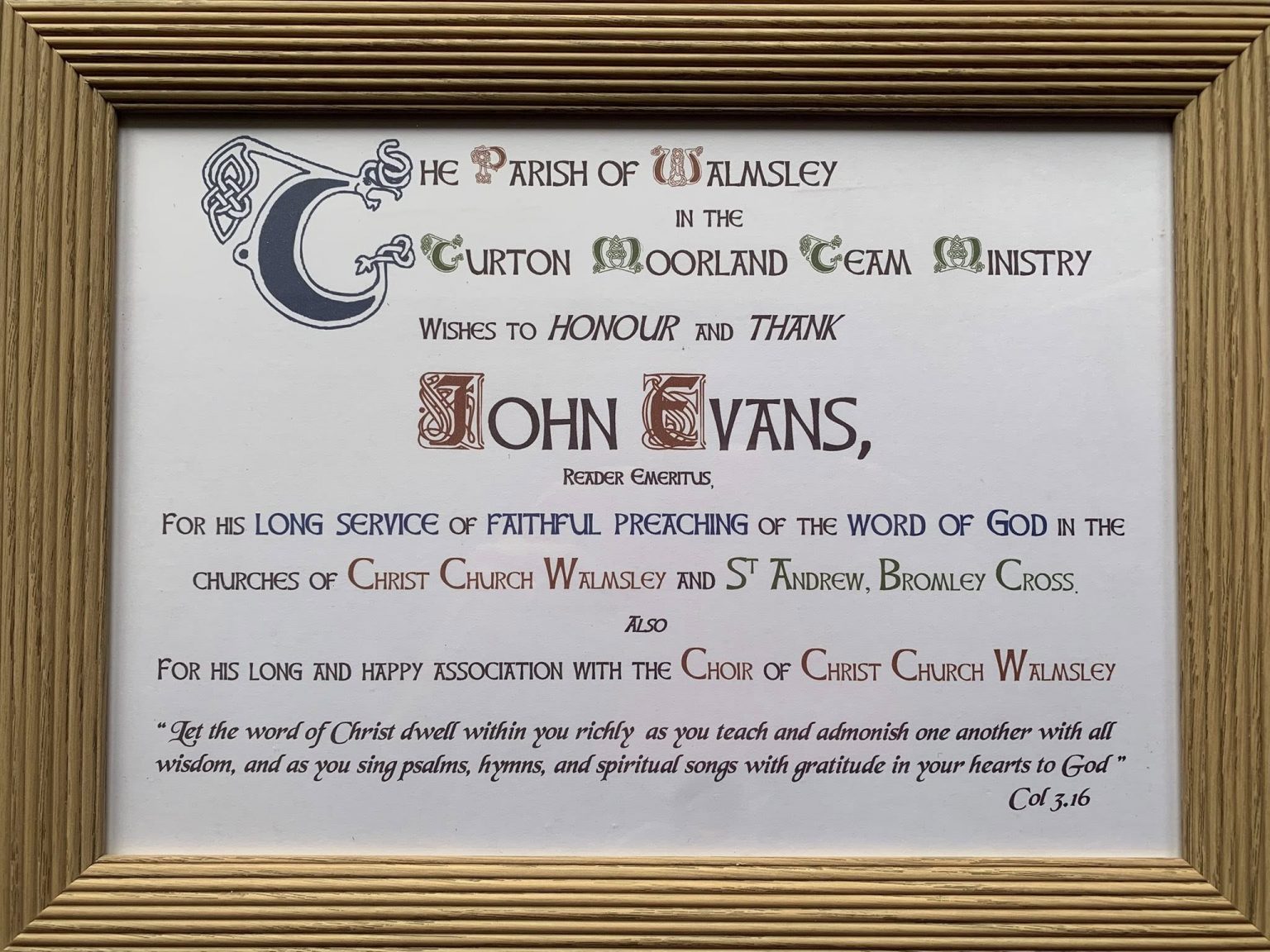 CELEBRATING THE MINISTRY OF READER EMERITUS, JOHN EVANS – Walmsley Parish
